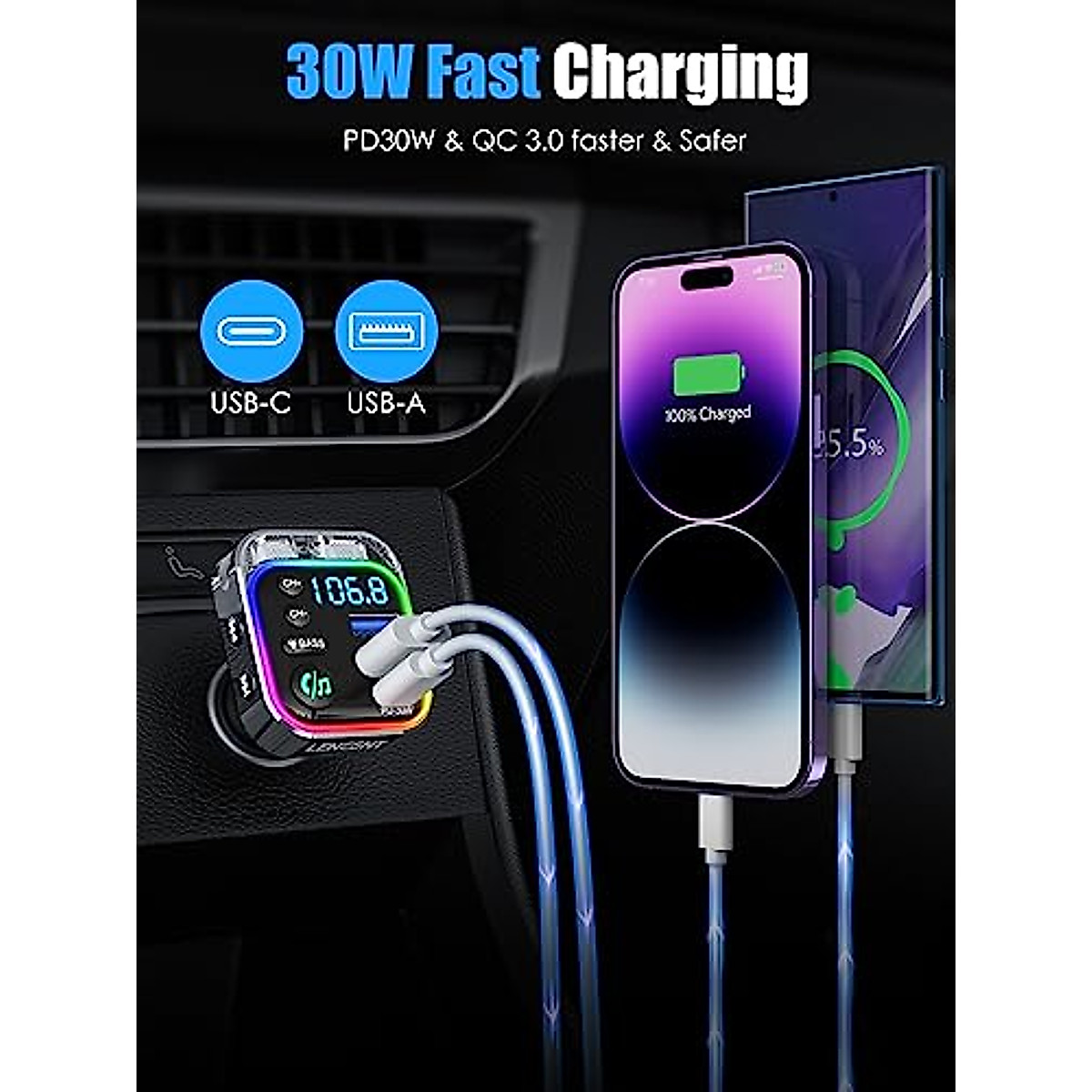 LENCENT Bluetooth 5.3 FM Transmitter,PD 30W & QC3.0 Fast Charger Bluetooth car Adapter,Hi-Fi Music/Clear Calling car FM Bluetooth Adapter