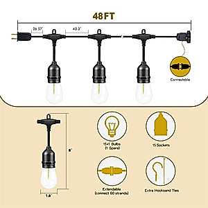 GLSbuld Outdoor String Lights, Patio String Lights with Bright 2W Shatterproof LED Bulbs for Patio, Backyard, Party, Porch, Bistro, Cafe Bar, Garden Outdoor (Plug, 48FT)