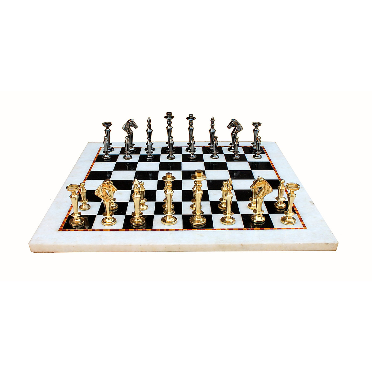 StonKraft Collectible White & Black Marble Chess Board Set + Brass Chess Pieces Pawns - Decorative Stone Chess - Home Décor - 15" Inches