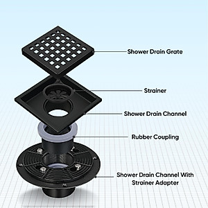 TICONN 4.33'' Square Floor Shower Drain, Lattice Square Perforated Pattern Easy Cleaning Removable Grate, Rustproof SUS 304 Stainless Steel (Matte Black, 4.33'')