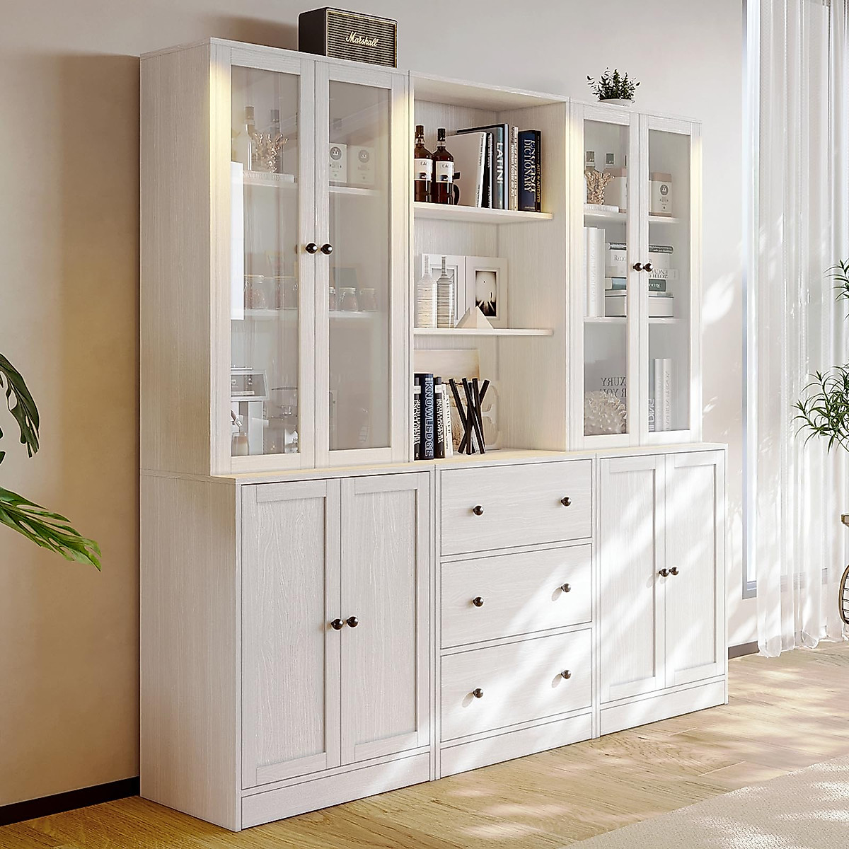 VOWNER Vertical File Cabinet, 3-Tier Modern Bookshelf with 3 Large Drawer, Wood Filing Cabinet with Open Storage Shelf, Glass Doors and Fixed Storage Shelves for Home Office, White