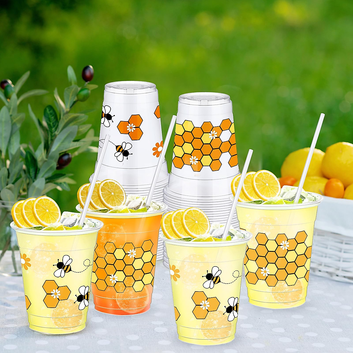 Sliner 50 Pcs Bee Party Plastic Cups with Straws 12 oz Clear Honey Bee Cups Disposable Bee Drinking Cups Bee Theme Party Favors for Home Kitchen Bee Birthday Baby Shower Party Supplies Decor