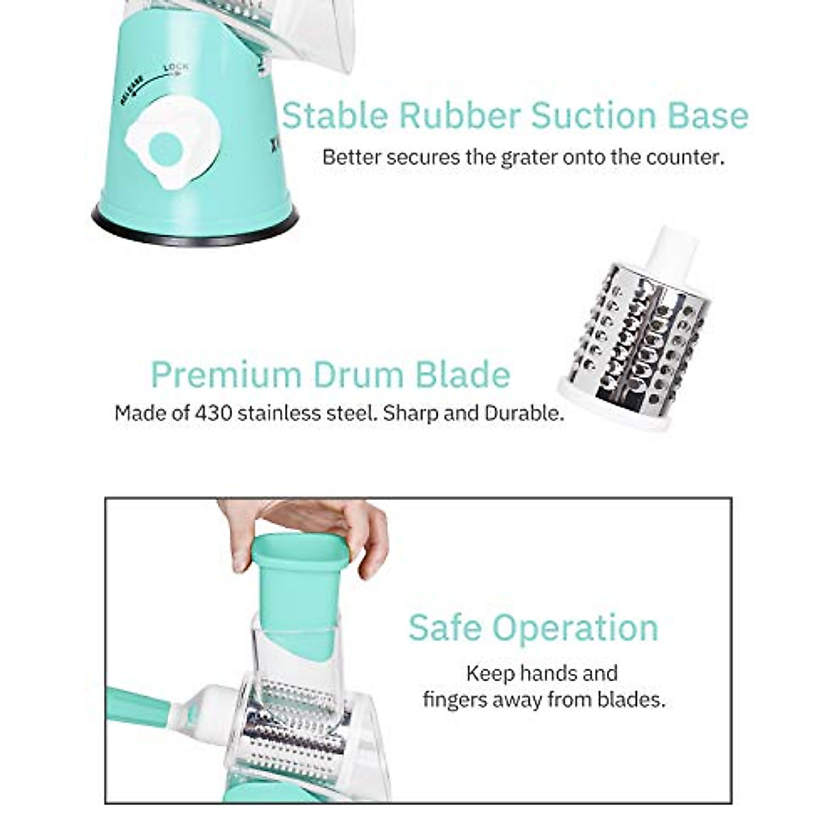 X Home Rotary Cheese Grater Kitchen Mandoline Vegetables Slicer Cheese Shredder with Rubber Suction Base, 3 Stainless Drum Blades Included, Easy to Use and Clean,Blue