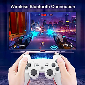 Powerextra PS-3 Controller Wireless Compatible with Play-Station 3, 2 Pack Double Shock High Performance Gaming Controller with Upgraded Joystick Double Shock for Play-Station 3 (Black + White)