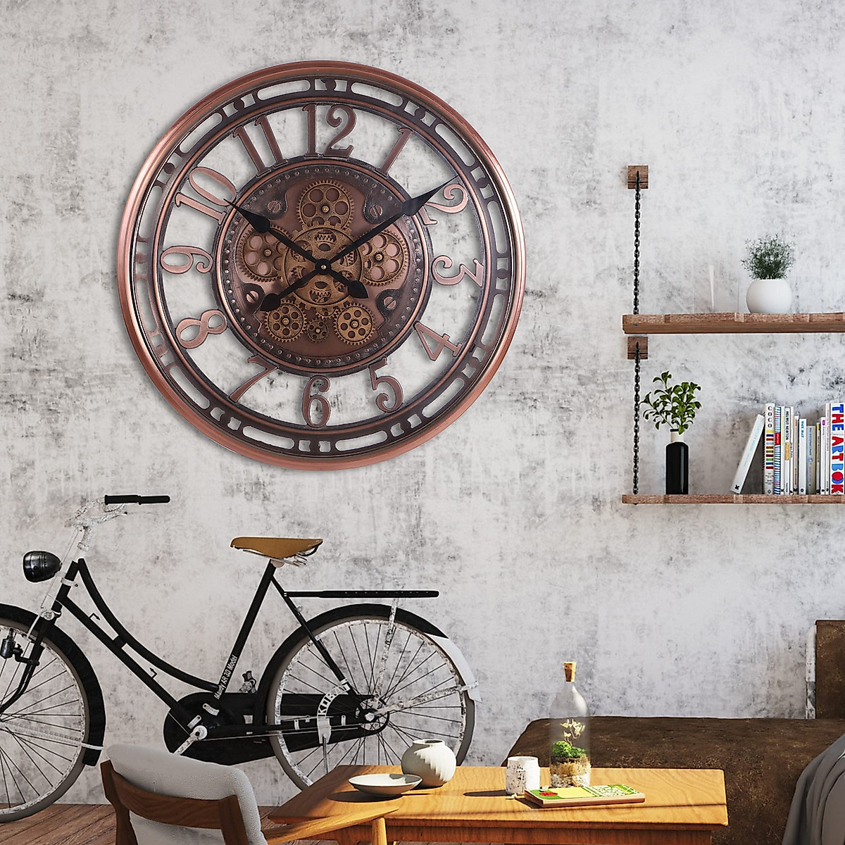 INFINITY TIME 21 Inch Moving Gears Wall Clock,Large Wall Clocks for Living Room Decor,Metal Decorative Wall Clock,Copper Roman Numeral