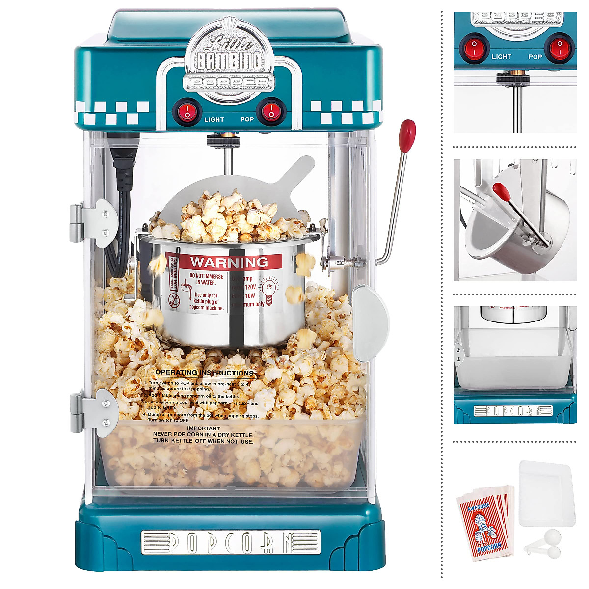 Little Bambino Popcorn Machine - 2.5oz Tabletop Movie Theater Popcorn Popper with Stainless-Steel Kettle by Great Northern Popcorn (Blue)