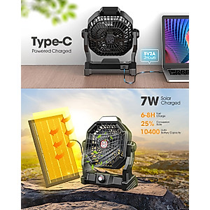 10400mAh Solar Fan, Camping Fan with Solar Panel, 7W 9-Inch Rechargeable Battery Operated Fan for Outside, LED Lantern, Stepless Speed and Quiet Battery Powered Solar Tent Fan for Tent,Outdoor, Office