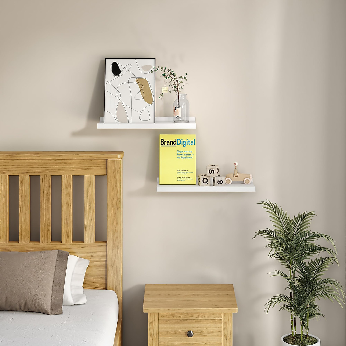 BONTEC Floating Shelves Set of 2, Wood Wall Mounted Shelves with Lip, 16 inch Bathroom Shelves for Bathroom, Bedroom, Living Room and Kitchen Wall Organizer up to 22lbs, White