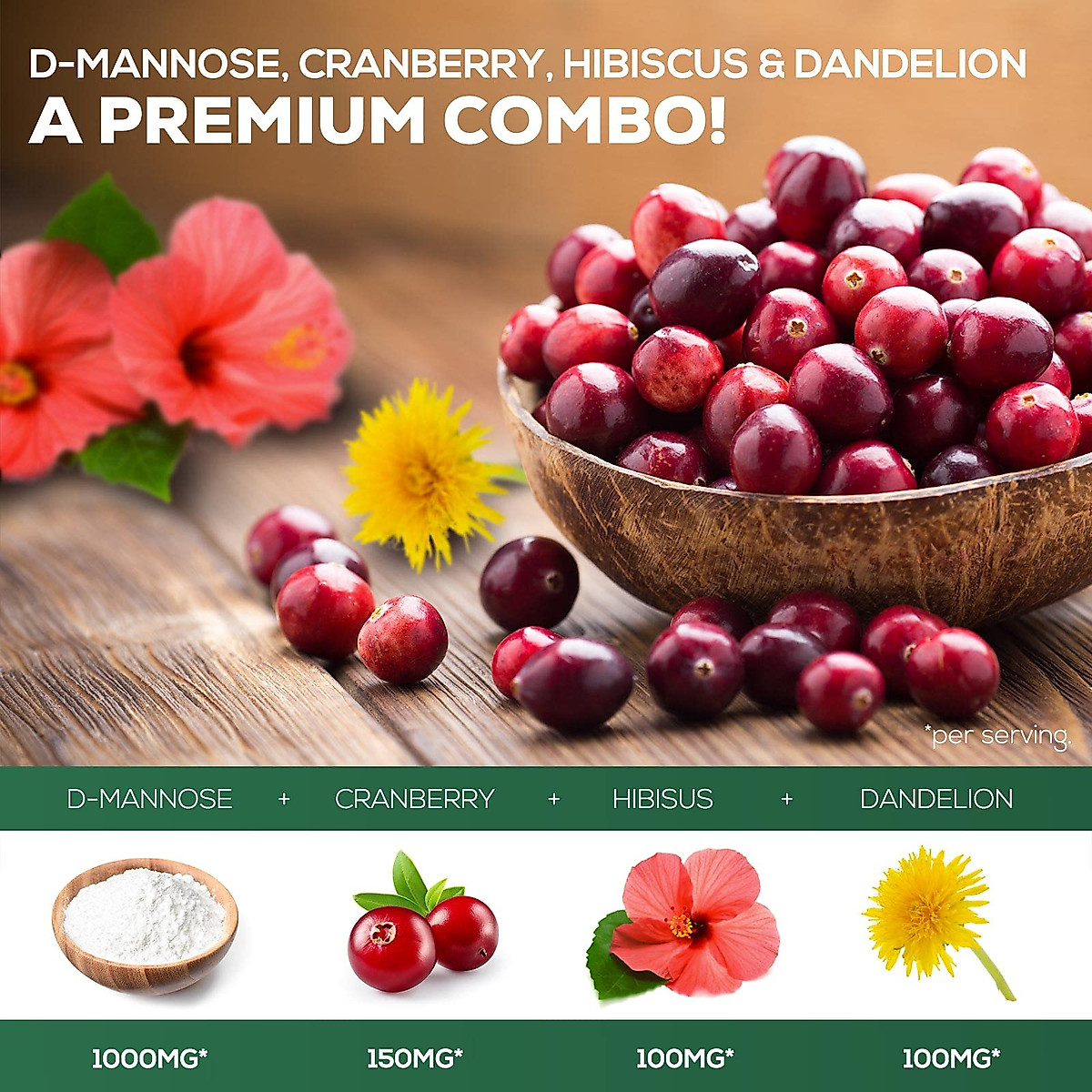 D-Mannose & Cranberry Extract 1350mg Advanced Formula, Fast-Acting Natural Urinary Tract Health Support for Women & Men, Flush Impurities in Urinary Tract & Bladder, Non-GMO, Vegan - 180 Capsules