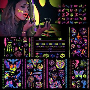 HOWAF 8 Large Sheets Neon Temporary Tattoos, 100+ Shimmer Designs Glow UV Neon Body Face Skin Tattoo Wolf Jewellery Tattoos Flash Fake Waterproof Tattoo Stickers for Women Men Girls Body Art