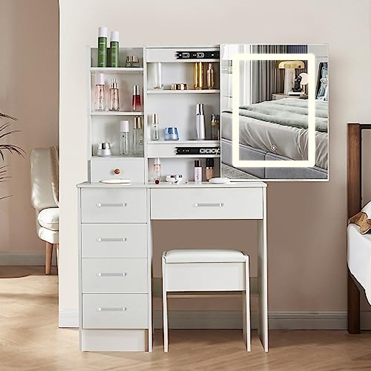 Saihemei Modern Makeup Vanity Desk with Mirror and LED Light, Makeup Table with 6 Drawers, Storage Shelves and Chair, 3 Lighting Modes and Adjustable Brightness for Mother Daughter