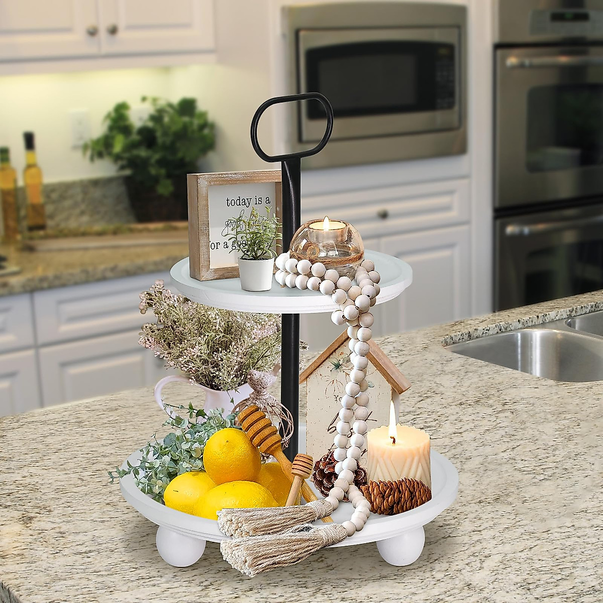 Farmhouse Tiered Tray Decor 2 Tier Tray with Handle, Wood Serving Tray for Kitchen Coffee Bar Table, Dessert Table Display Tray Cupcake Stand Perfect for Wedding Party Home Decor Display