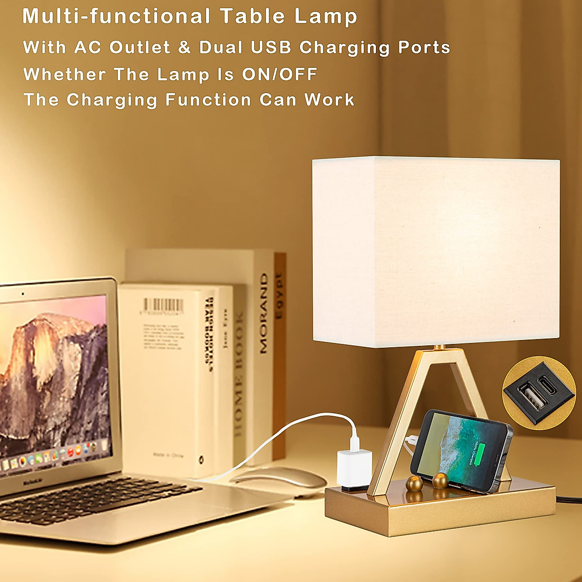 Briever USB Touch Control Table Lamp, 3-Way Dimmable Desk Lamp with USB C & USB A and AC Outlet, Bedside Lamp with Phone Stand and Fabric Shade for Bedroom, Living Room,Bulb Included, Gold