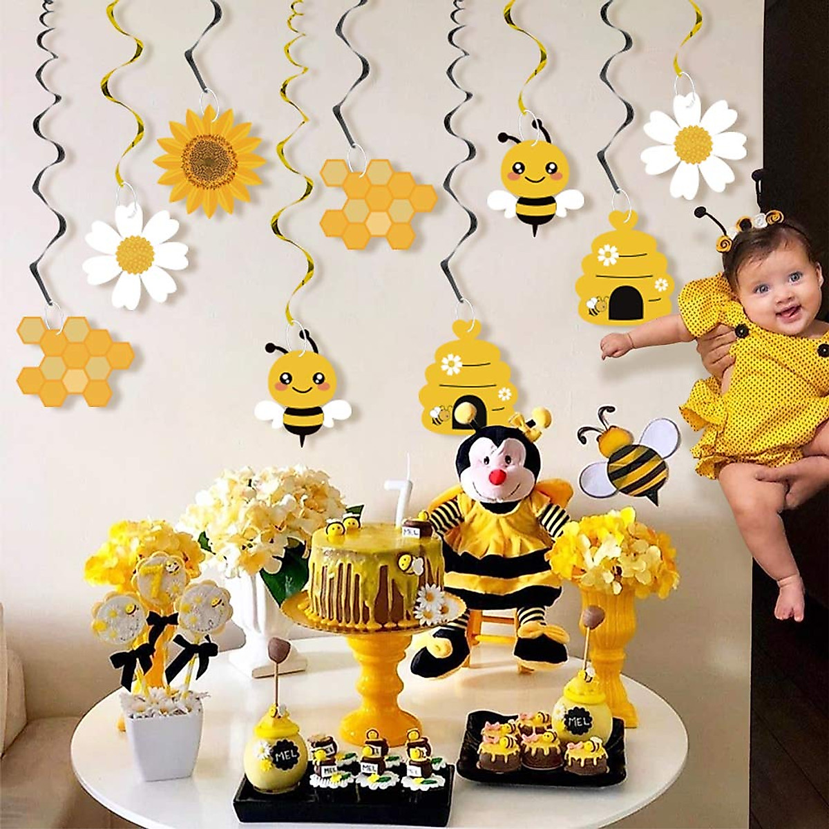 20PCS Bumble Bee Hanging Swirl Decorations, Bee Party Hanging Swirls Foil Ceiling Streamers Honey Bee Themed Party Supplies for Kids Birthday Baby Shower Gender Reveal Bee Day Party Decoration