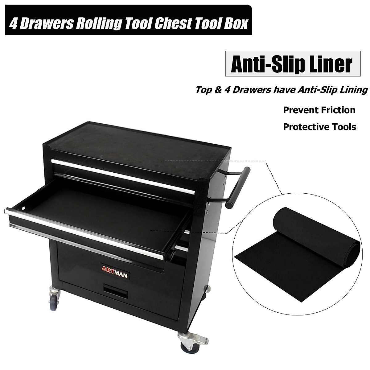 nifoti 4 Drawers Tool Cart on Wheels,Rolling Tool Box Tool Storage， Drawers Rolling Tool Box Organizer Tool Case for Garage, Warehouse, Workshop, Repair Shop (4 Drawers(Black))