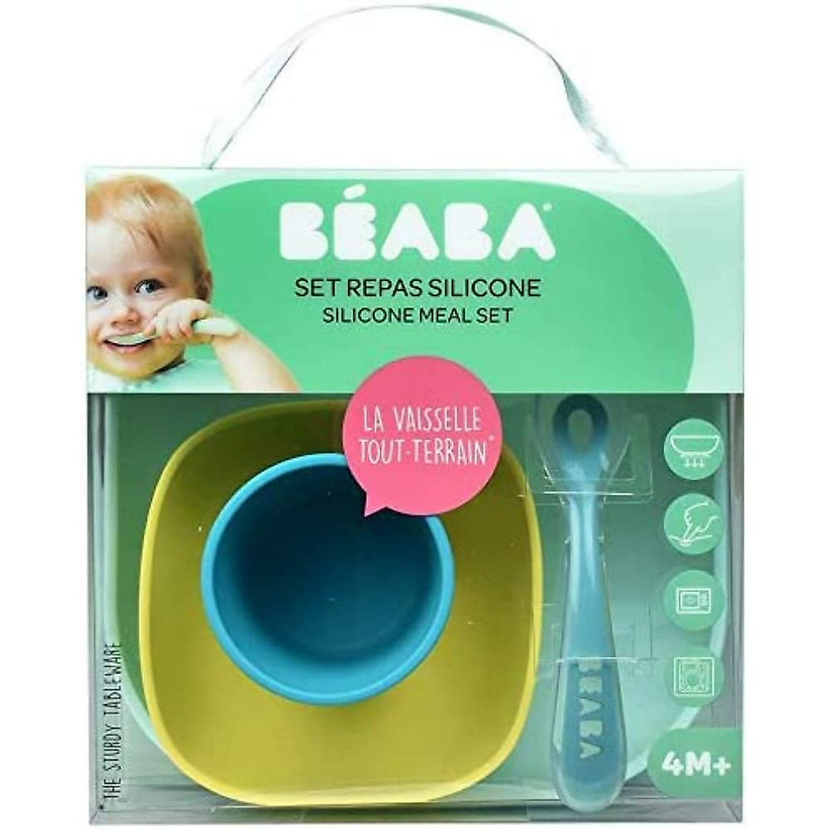 BEABA Silicone 4 Piece Baby Feeding Set, Suction Plates for Baby, Includes Plate, Bowl, Cup, 2nd Stage Silicone Spoon, High Grade Food Safe Silicone, Peacock