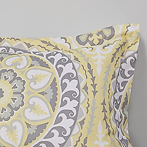 Madison Park Essentials Serenity Bed in a Bag Comforter Set, Medallion Damask Design, All Season Bedding with Cotton Sheet Set, Bedskirt, Queen(90"x90"), Yellow 9 Piece