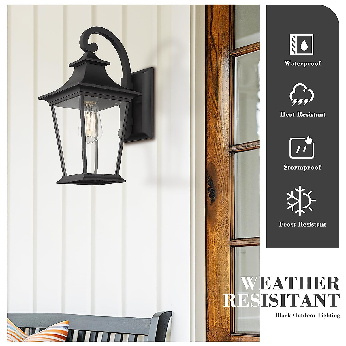 Emliviar Outdoor Wall Lantern, 1-Light Exterior Wall Mount Light with Clear Glass in Black Finish, 18" Height, 500181