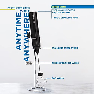 COLPRODUCT – Kitchen tool. Rechargeable drink mixer electric handheld. Milk frother for coffee, bubble tea, chocolate, frappe, and cocktail maker and scrambled eggs. Two mini whisk included.