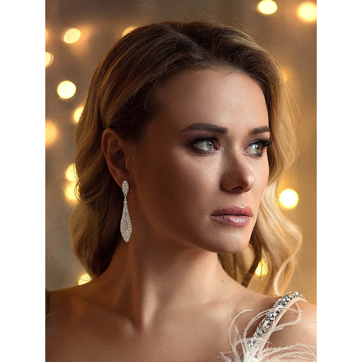 SWEETV Women's Crystal Teardrop Chandelier Dangle Earrings, Rhinestone Long Drop, Silver Bridal Earrings for Wedding Prom