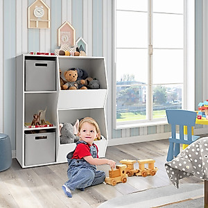 5-Cube Kids Toy Storage Cabinet, Freestanding Children Bookcase w/ 2 Foldable Storage Bins, Open Multi-Purpose Storage Display Organizer for Kids Room, Play Room, Hallway, Nursery