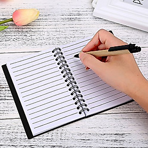 TOODOO 4 Packs 4.5 by 5.5 inch Spiral Notebook Lined Notepad with Pen in Holder and Sticky Notes, Page Marker Colored Index Tabs Flags (Black Cover)