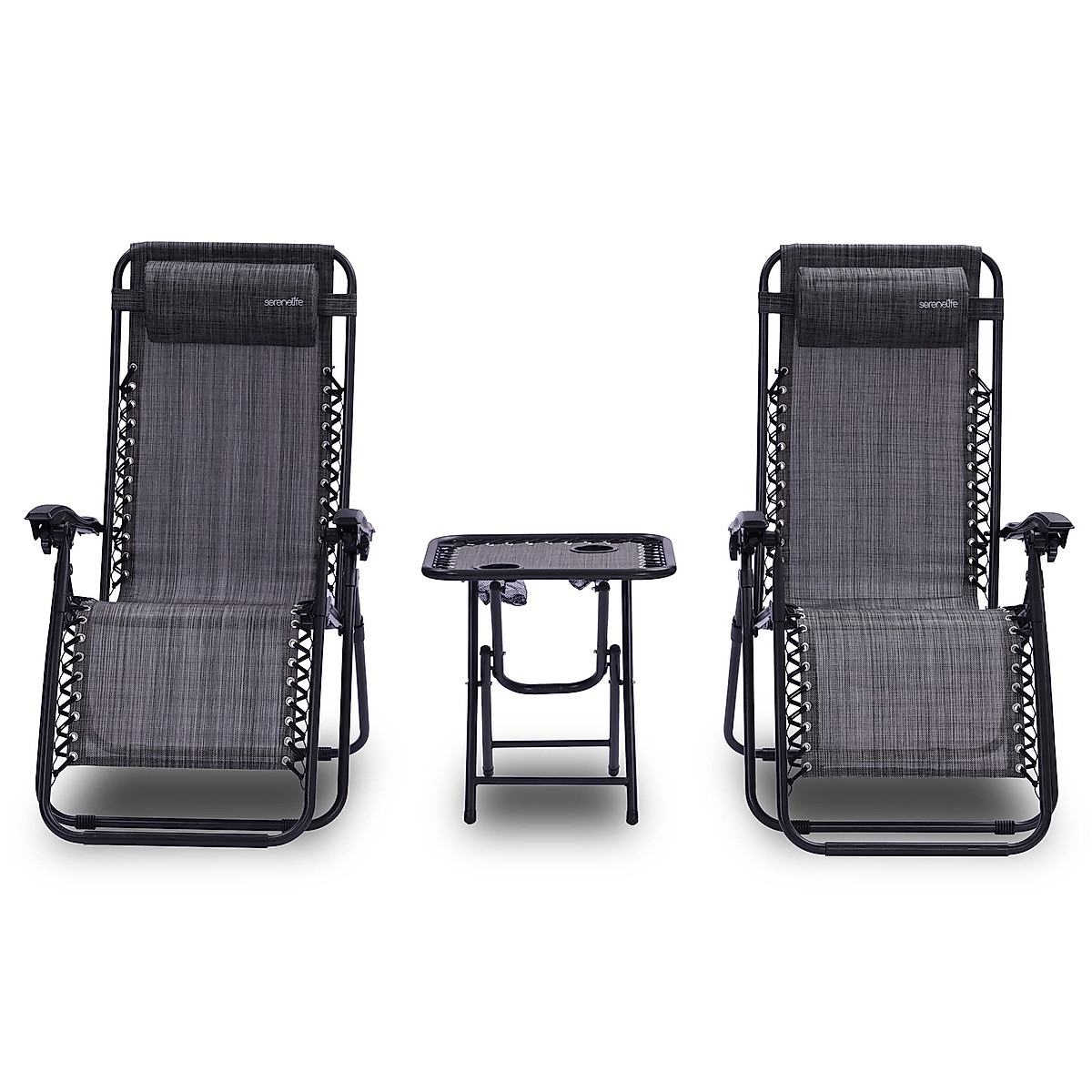 SereneLife Zero Gravity Chairs Set of 2 - Adjustable Mesh Lawn Chairs - Outdoor Lounge Chairs with Side Table 2 Cup Holders - Foldable Outdoor Chair with Removable Pillows - Mixed Grey