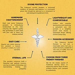 Takar Solid Sterling Silver Caduceus Symbol Pendant, Silver Pendant Charms, Sterling Silver Pendant For Women and Men. Caduceus Silver Jewelry MADE IN USA.