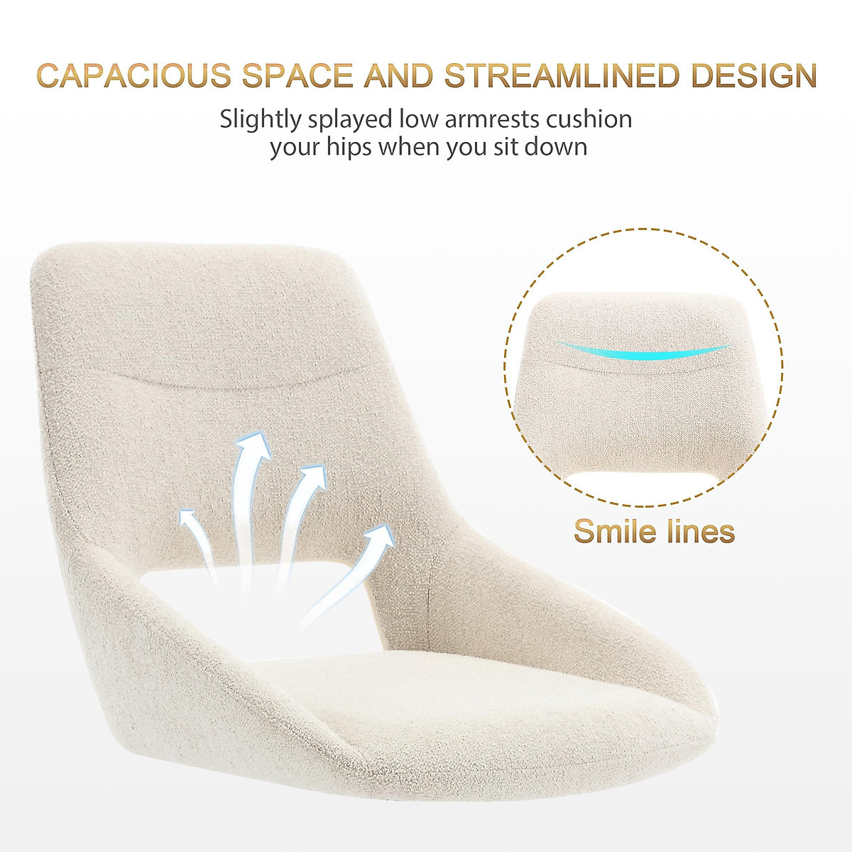 Zesthouse Modern Desk Chair No Wheels, Swivel Vanity Chair with Hollow Back, Armless Home Office Chair for Girls Women, Beige Linen Fabric Computer Task Chair for Bedroom