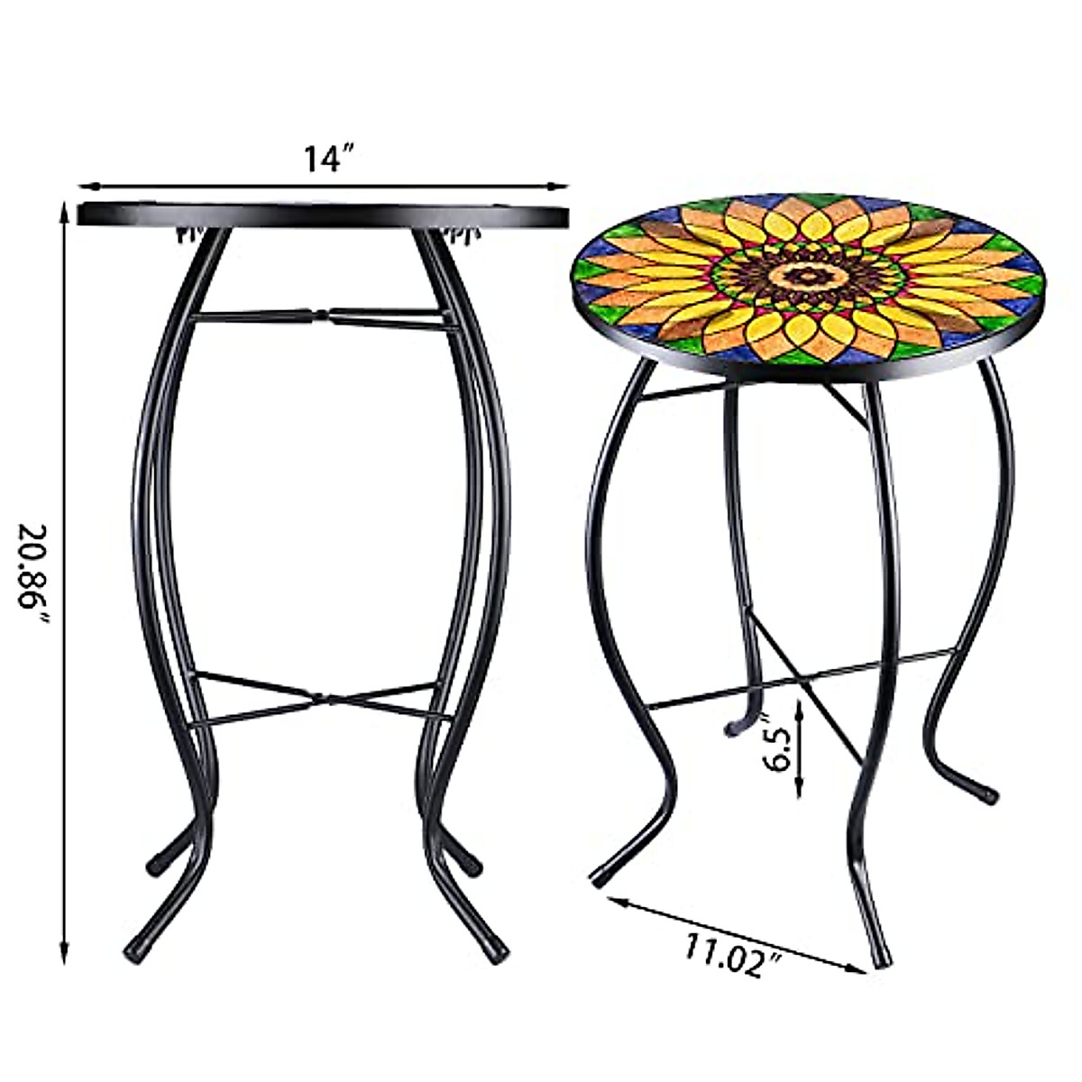 VCUTEKA Outdoor Side Table Mosaic End Table Patio Side Table Small End Table Glass Top Round Balcony Coffee Table Porch Indoor Glass Top