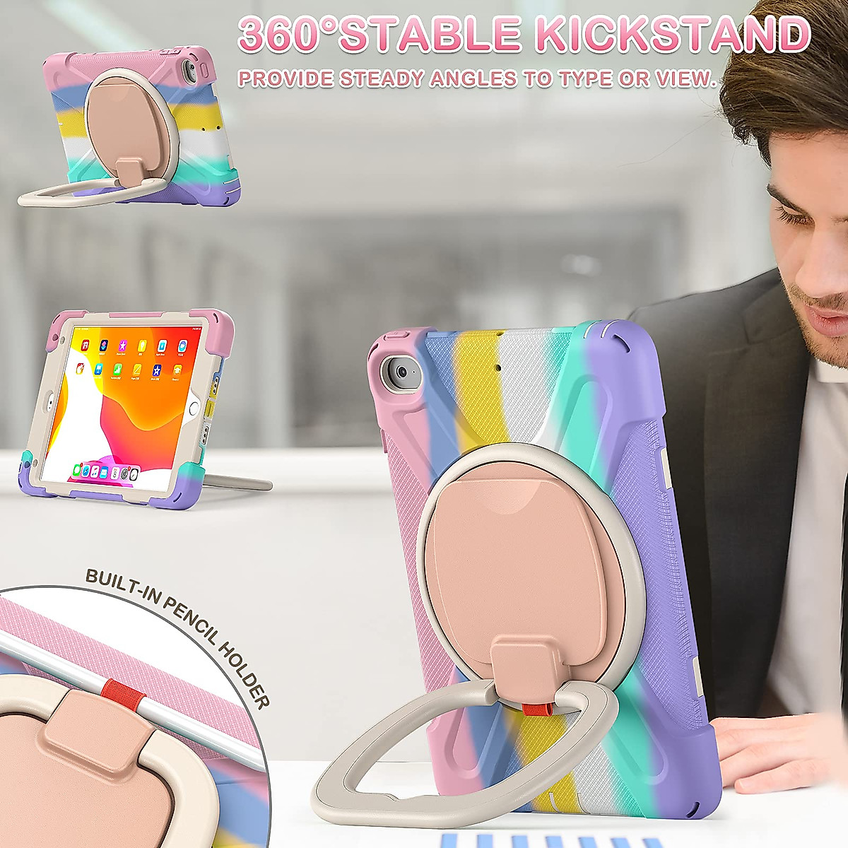 BATYUE iPad Mini 5 Case - iPad Mini 4 Case; Heavy Shockproof Drop Case with Pencil Holder/ 360° Swivel Stand/Shoulder Strap; Cover for iPad Mini 5th/4th Generation 7.9 Inch; for Kids (Colourful Pink)