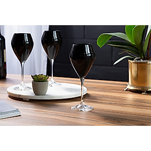 Attractive Durable Stemmed Wine Glasses Set of 6, Lead-Free, Tinted Black Glass with Clear Stem, Quality Drinking Glasses for Red or White Wine. - 15oz Glassware Cups.