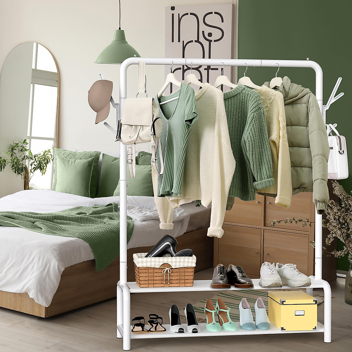 Simple Houseware Garment Rack with Storage Shelves and Coat/Hat Hanging Hooks, White