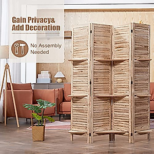 Vicluke 4 Panels Room Divider with 3 Removable Storage Shelves, 5.6 FT Folding Privacy Screen, Wood Portable Wall Divider for Home, Office, Restaurant(Natural)