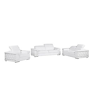 Blackjack Furniture Soren 3 Piece Leather Upholstered Adjustable Headrests, Solid Brazilian Wood Frame and High Density Foam Cushioning, Sofa and Loveseat, White