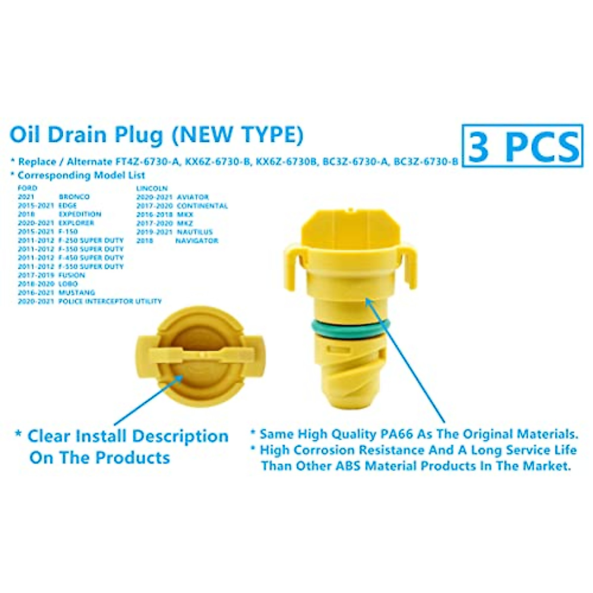 3 PCS Oil Drain Plug Fit For Ford F-150 2015 2016 2017 2018 2019 2020 2021 Lincoln MKZ Replace KX6Z-6730-B, KX6Z6730B, FT4Z-6730-A Plug