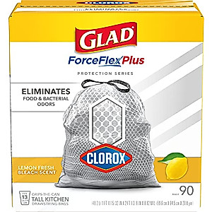 GLAD ForceFlexPlus Tall Kitchen Trash Bags, 13 Gallon Trash Bags for Tall Kitchen Trash Can, Lemon Fresh Bleach Scent to Eliminate Odors, 90 Count (Package May Vary)