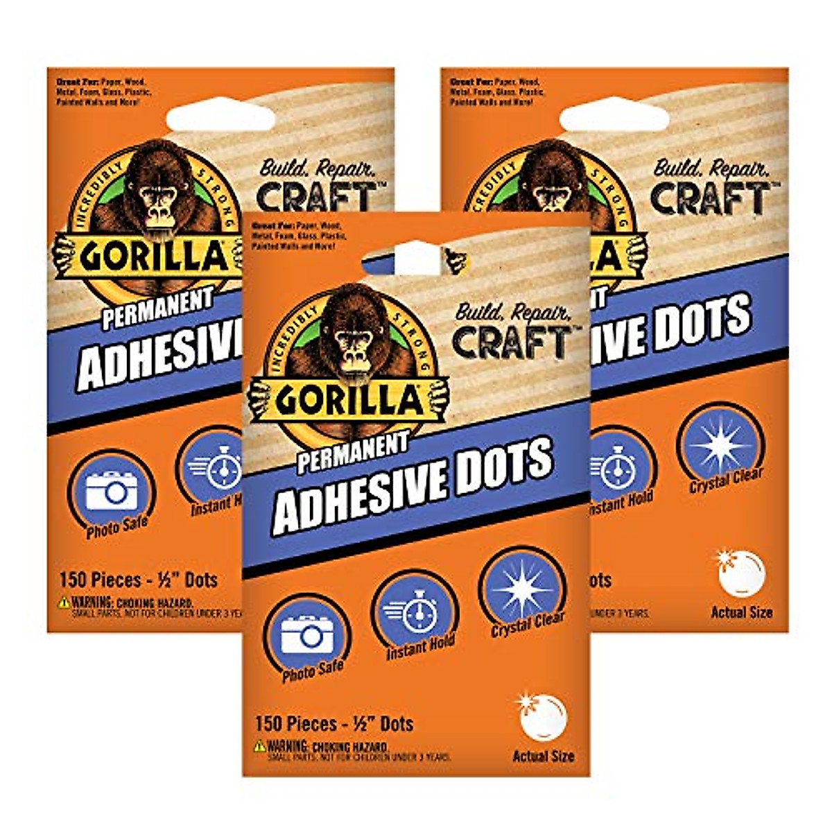 Gorilla Permanent Adhesive Dots, Double-Sided, 150 Pieces, 0.5" Diameter, Clear, (Pack of 3)