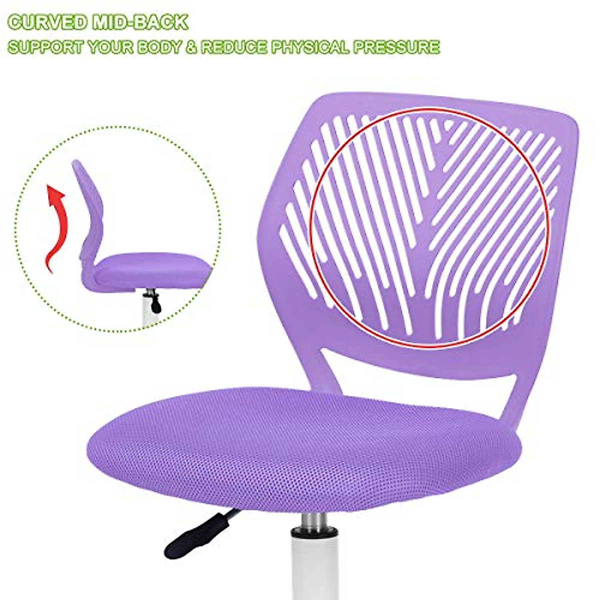 Geniqua Children Task Chair Lumbar Mid Back Adjustable Height Study Computer Chair with Mesh Seat Casters for Home Office, School, Purple