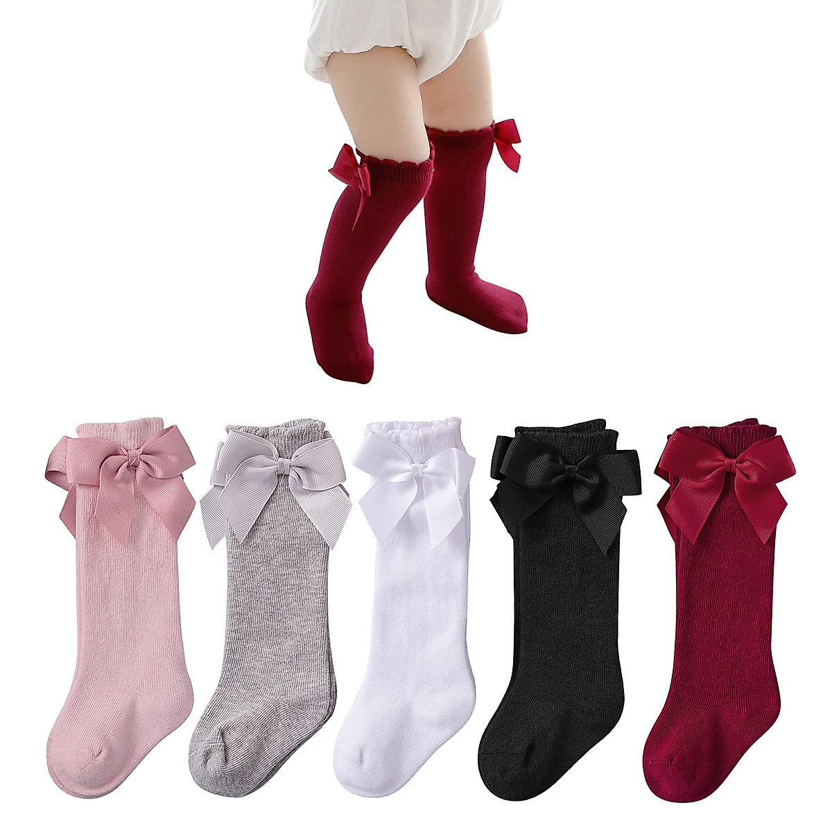 Century Star Baby Girls Bow Knee High Socks Toddlers Ruffled Tube Socks Infant School Uniform Leggings Long Stockings 05Pcs White&Black&Pink&Grey&Red 6-18 Months