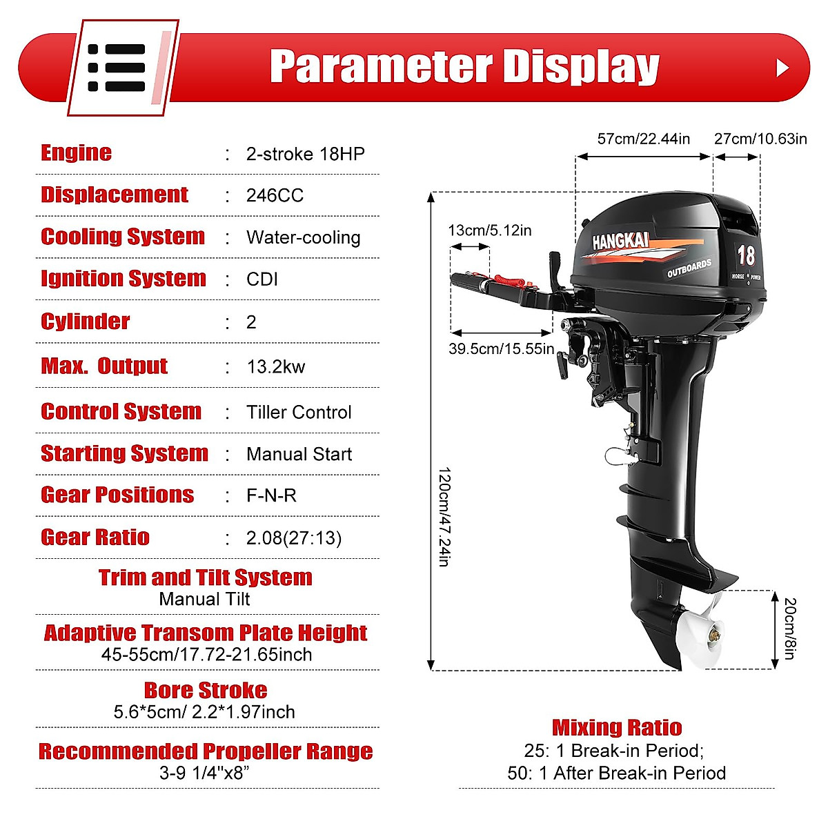awolsrgiop 2 Stroke 18HP Outboard Motor Gas-Powered Water Cooling Boat Engine Long Shaft Tiller Control 246CC Heavy Duty Fishing Boat Kayak Engine Outboard Motors Boat Engine Motor