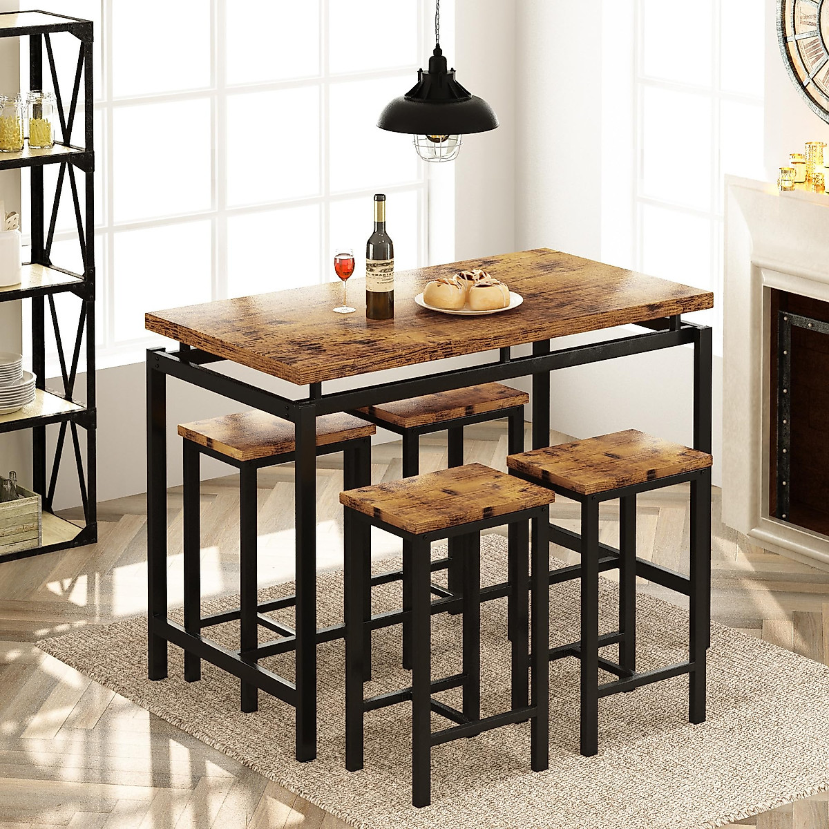 AWQM Dining Table and Stools Set of 4, Industrial Style 5-Piece Pub Table Set, Space Saving Dinette Table Set for Dining Room, Living Room, Kitchen, Apartment