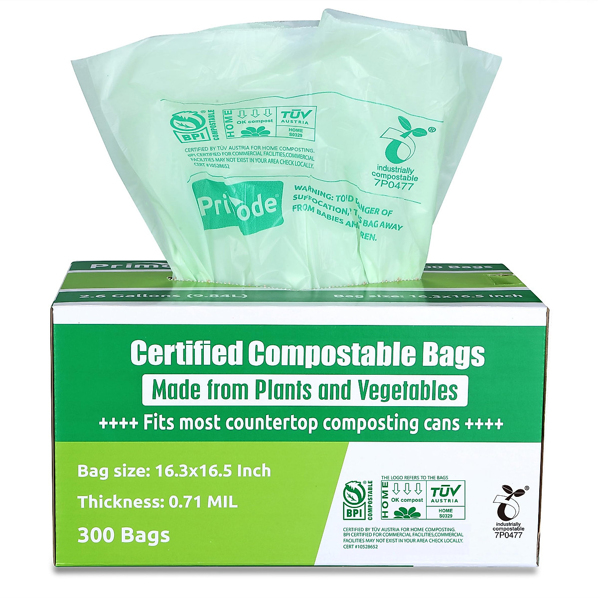 Compostable Bags, 2.6 Gallon Food Scraps Yard Waste Bags, 300 Count, Extra Thick 0.71 Mil. ASTM D6400 Compost Bags Small Kitchen Bag Certified by BPI and TÜV AUSTRIA
