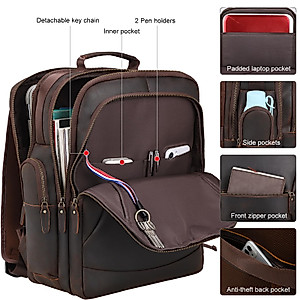 TIDING Vintage Full Grain Leather 17.3 Inch Laptop Backpack Large Camping Travel Weekender Daypack For Men 31.9L