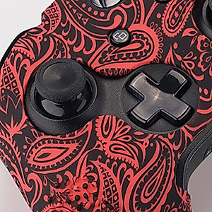 9CDeer Studded Protective Customize Transfer Printing Silicone Cover Skin Sleeve Case + 8 Thumb Grips Analog Caps for Xbox One/S/X Controller Leaves Red Compatible with Official Stereo Headset