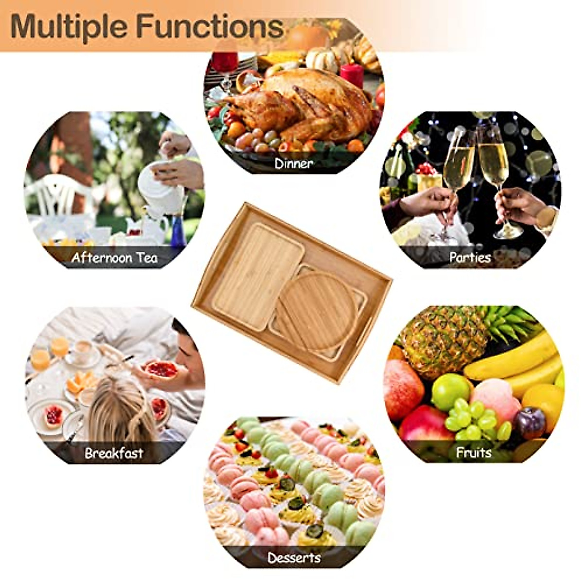 4 Packs Bamboo Serving Tray with Handles, Portable Bed Tray for Breakfast Dinner, Eating Trays for Living Room,Restaurants