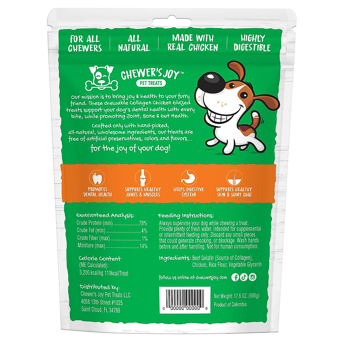 Chewer's Joy Chicken Glazed Collagen Tidbits 15pk 6" for Dogs, Premium Quality. High Protein, Promotes Joint, Skin, Gut Health & Shiny Coat. Bully Stick & Rawhide Alternative. Long Lasting chew.