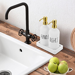 Luxury Gold Soap Dispenser for Kitchen Sink by Brighter Barns - White Glass Kitchen Soap Dispenser Set with Tray, Stainless Steel Pump - Modern Farmhouse Decor, White and Gold Kitchen Accessories