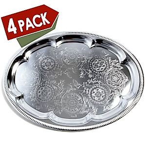 Maro Megastore (Pack of 4) 18.1 inch x 13.3 inch Traditional Oval Floral Pattern Engraved Catering Chrome Plated Serving Plate Mirror Tray Platter Metal Tableware Holiday Party Large T225-4PK