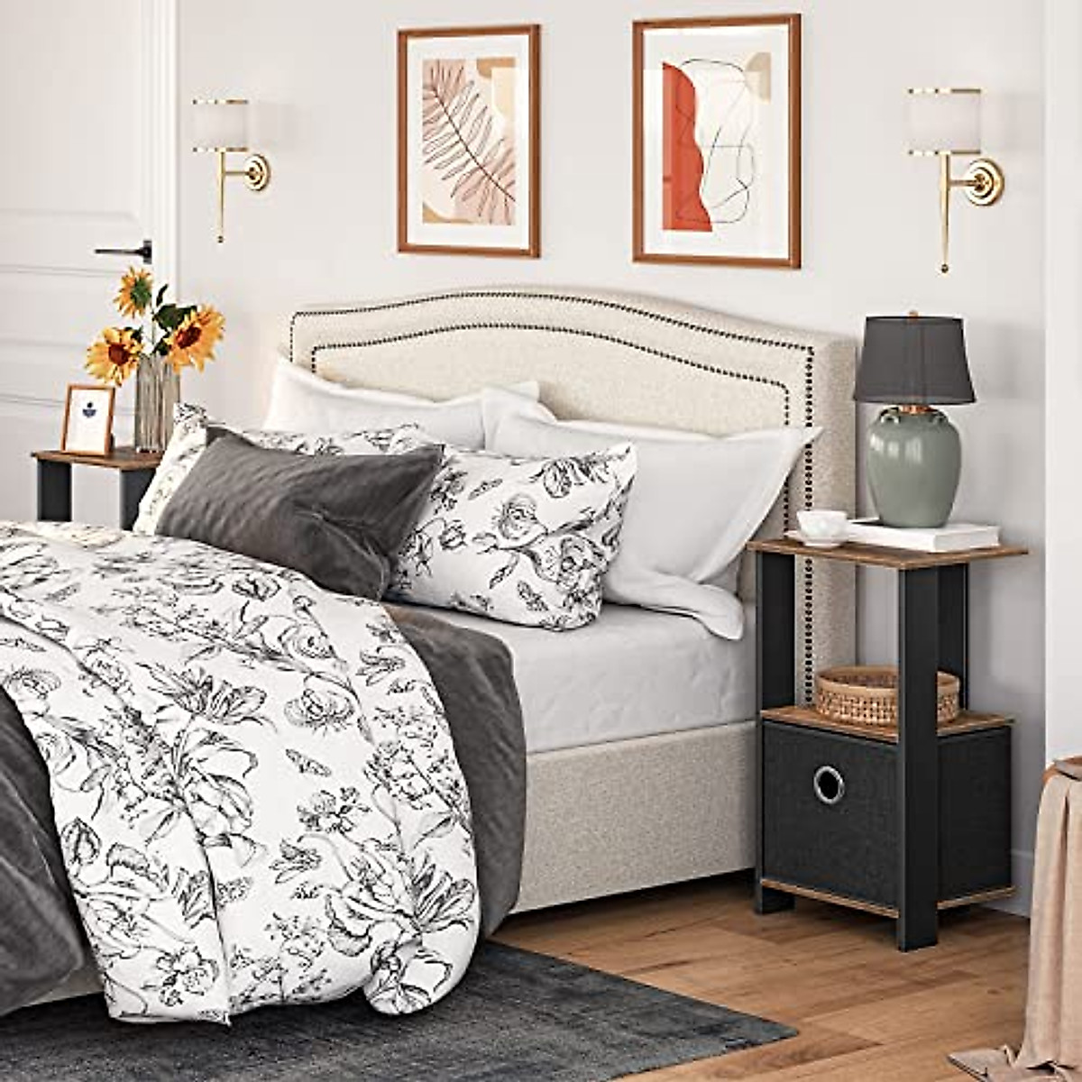 HOOBRO Bedside Table with Pull-Out Collapsible Storage Box, Retro Small Nightstand for Small Space, Living Room, Bedroom, Stable and Sturdy, Rustic Brown and Black BF35BZ01